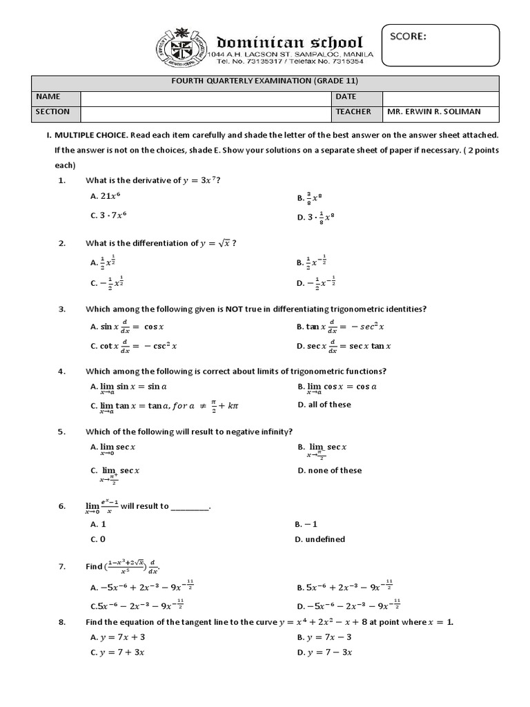 Grade 11 Basic Calculus Exam Questions | PDF | Trigonometric Functions ...