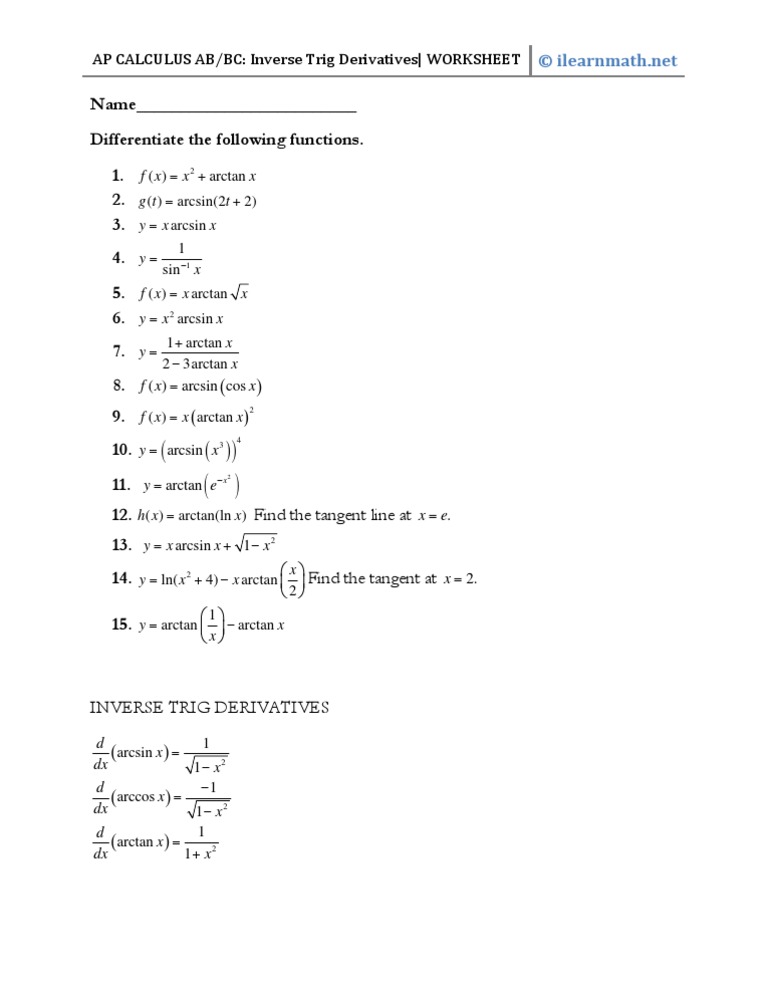 Inverse Trig Derivatives - Worksheet - 2010 - 2011 - Ap Calculus Ab/bc ...