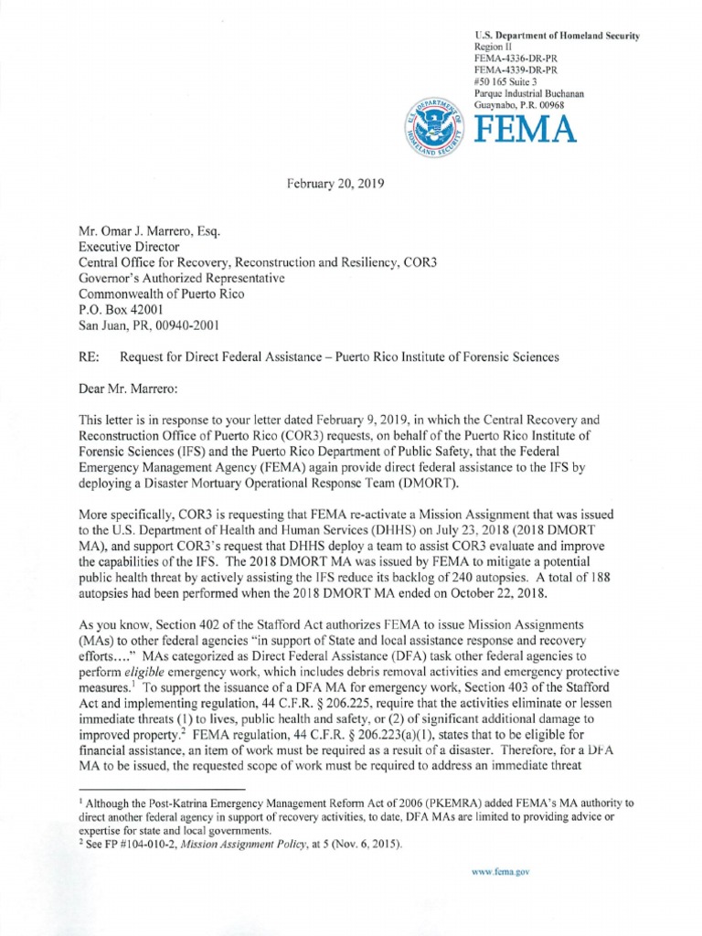 Carta de FEMA Sobre Fondos para El Negociado de Ciencias Forenses | PDF