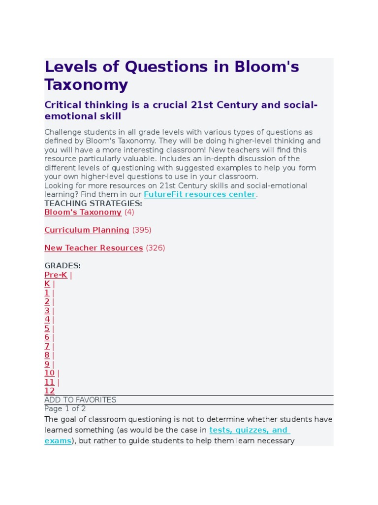 Levels of Questions in Bloom | Download Free PDF | Reading ...