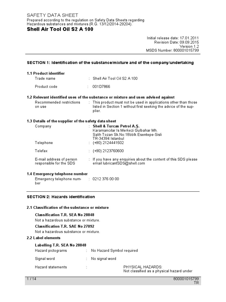 Shell Air Tool Oil S2 A 100 MSDS | PDF | Toxicity | Personal Protective ...
