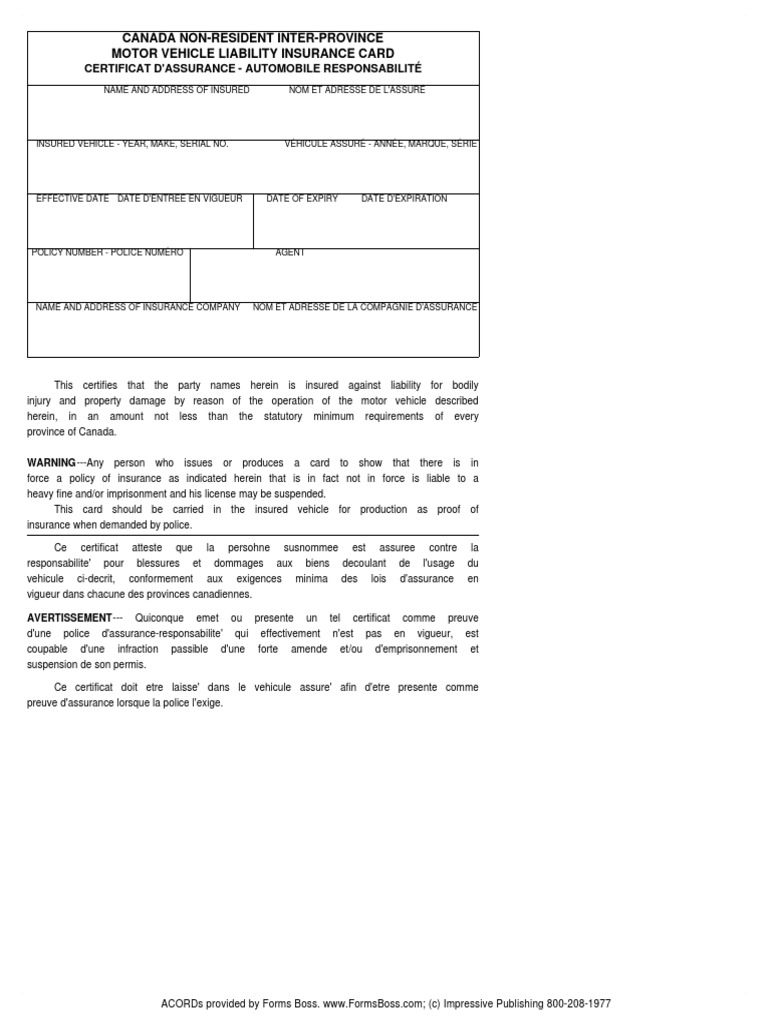 Motor Vehicle Liability Insurance Card Canada Non-Resident Inter ...