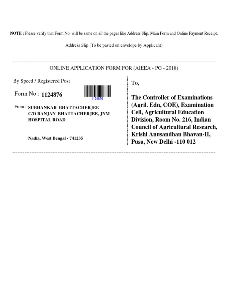 Form No: To,: Address Slip (To Be Pasted On Envelope by Applicant ...