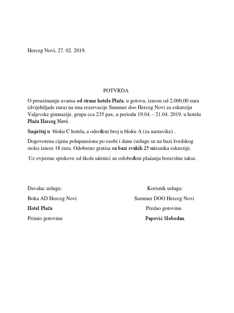 Potvrda o Predaji Avansa BHotel Plaza PDF | PDF