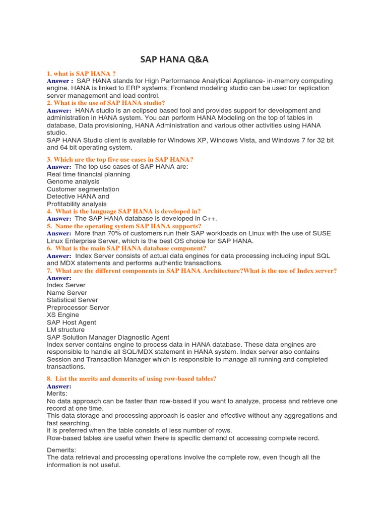 Sap Hana Q&A: Answer | PDF | Sap Se | Databases