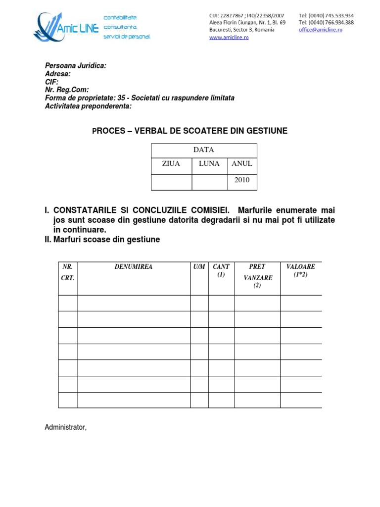 Model de - Proces Verbal Scoatere Din Gestiune Marfuri