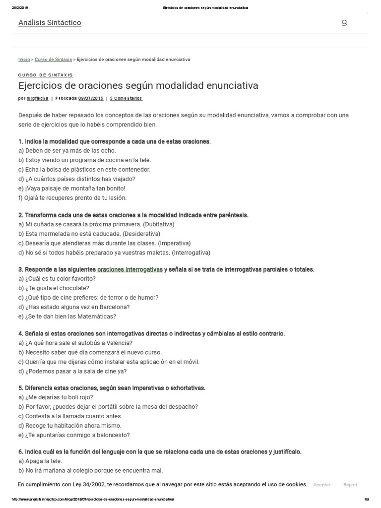 Ejercicios de Oraciones Según Modalidad Enunciativa | Sintaxis ...
