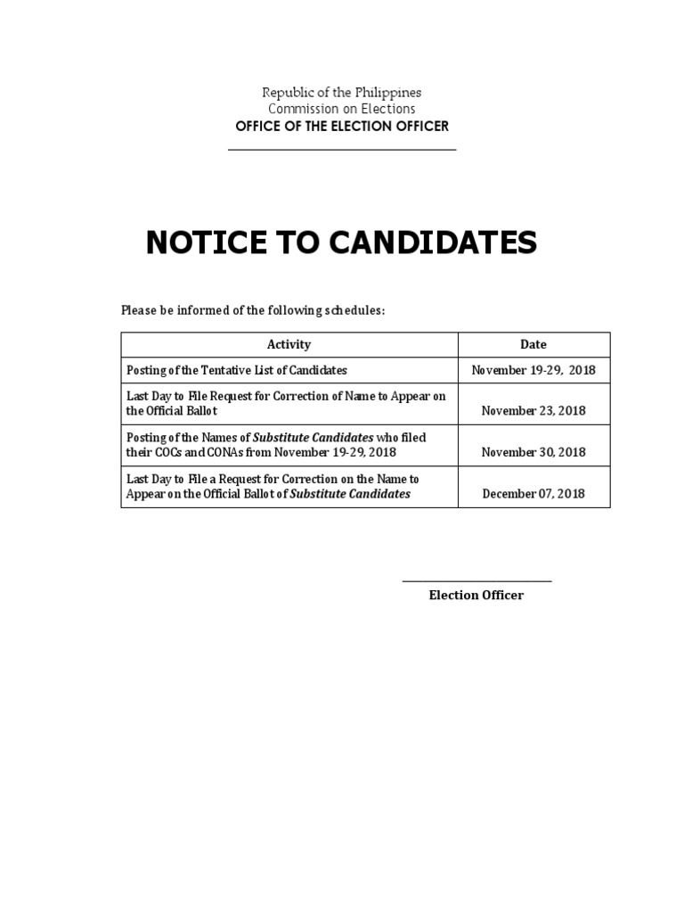 Notice To Candidates: Republic of The Philippines Commission On ...
