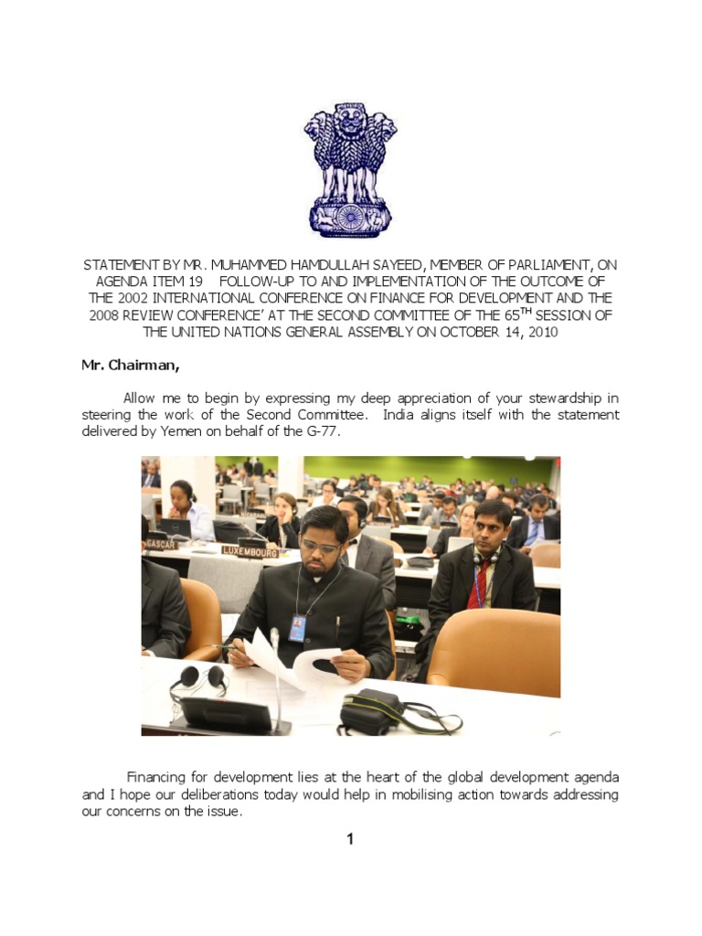 Adv - Hamdullah Sayeed, MP, Lakshadweep at UN | PDF | World Economy ...