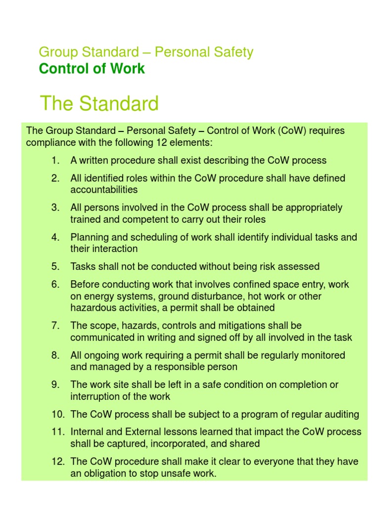 The Standard: Control of Work | PDF | Hazards | Safety