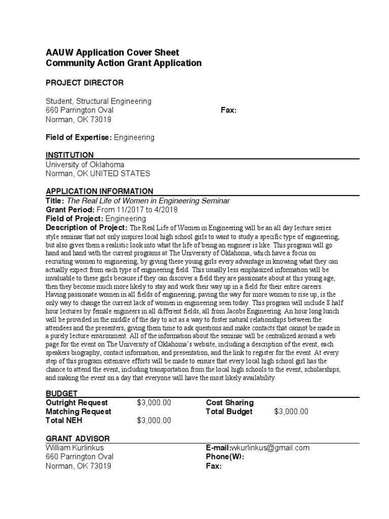 AAUW Application Cover Sheet Community Action Grant Application | PDF ...