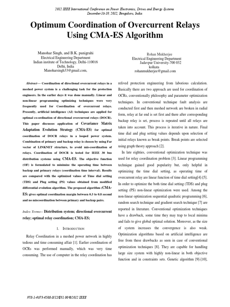Optimum Coordination of Overcurrent Relays Using Algorithm: Cma-Es ...