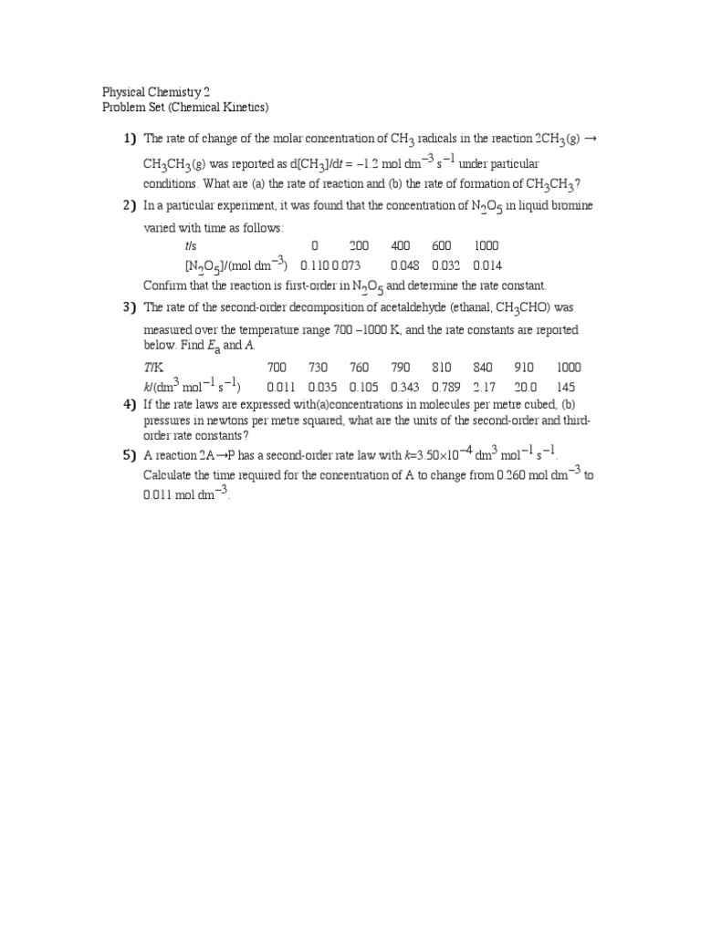 PhyChem 2 Problem Set Chemical Kinetics | PDF