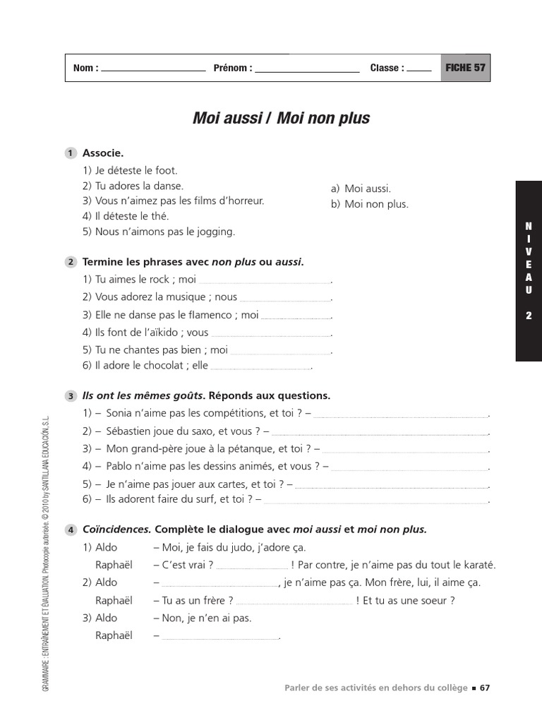 L 2 Exercices Moi Aussi Moi Non Plus | PDF | Loisirs | Karaté