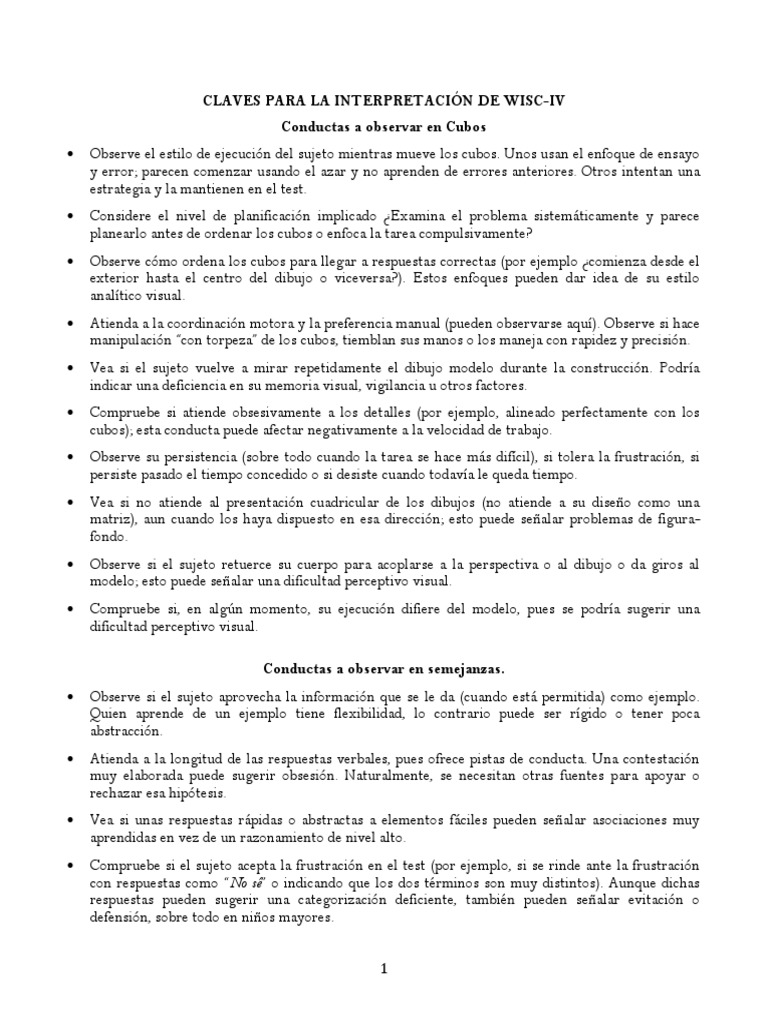 Claves Para La Interpretación De Wisc-Iv Conductas a observar en Cubos ...