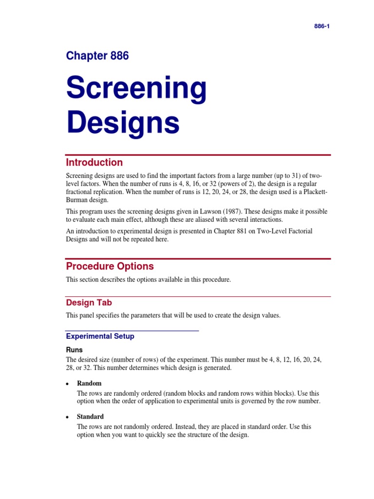 Screening Designs PDF | PDF | Spreadsheet | Design Of Experiments
