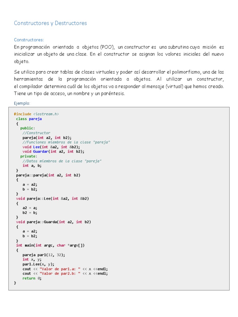Constructores y Destructores | PDF | Constructor (Programación Orientada a Objetos) | Programación