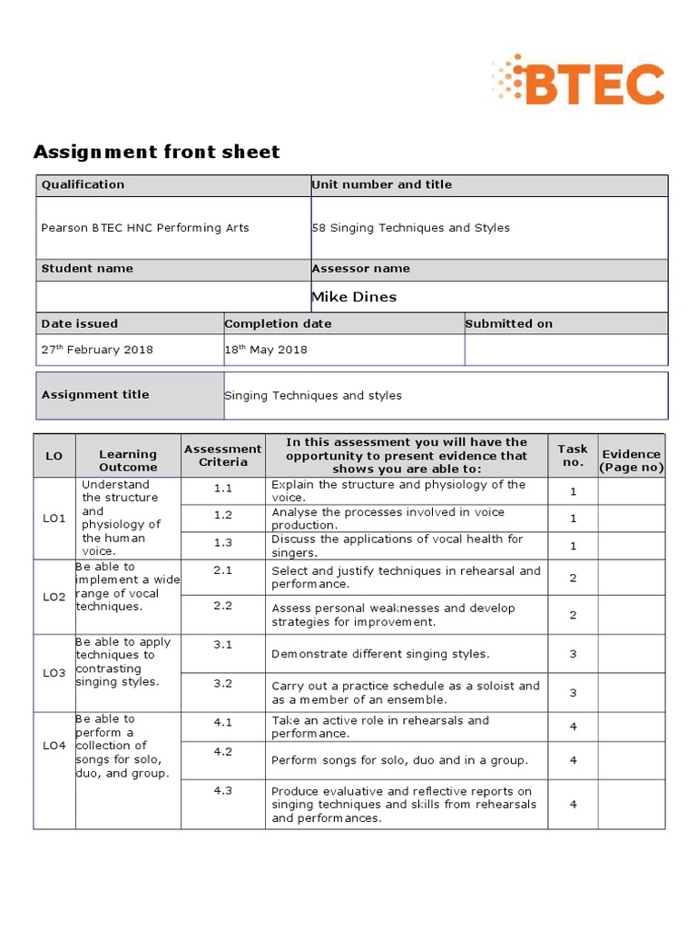HNC Assignment | PDF | Singing | Vocal Pedagogy