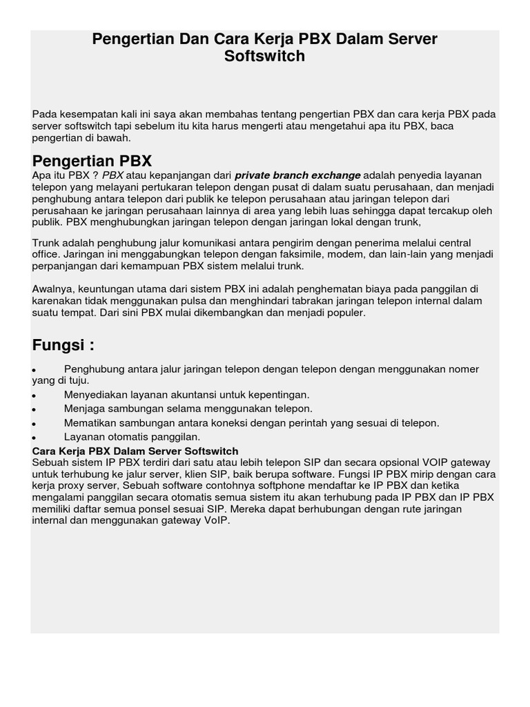 Pengertian Dan Cara Kerja Pbx Dalam Server Softswitch Pdf
