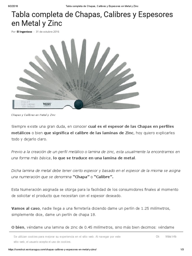 Tabla Completa de Chapas, Calibres y Espesores en Metal y Zinc | PDF ...