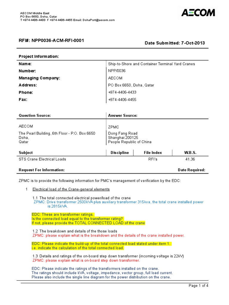 ZPMC STS Crane Electrical Loads | PDF | Electric Power | Crane (Machine)