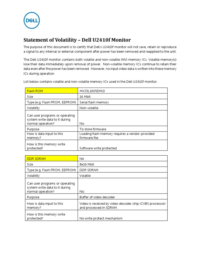 Statement of Volatility - Dell U2410f Monitor | PDF | Computer Memory ...