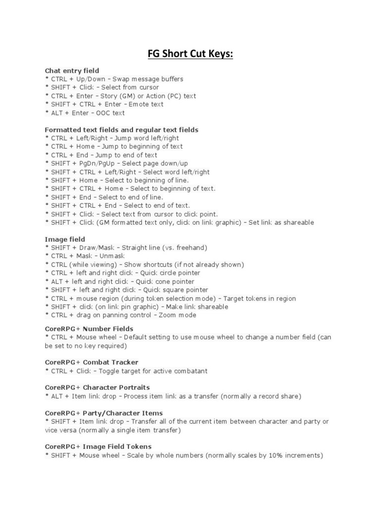 FG Shortcut Keys Reference | PDF | Control Key | Keyboard Shortcut