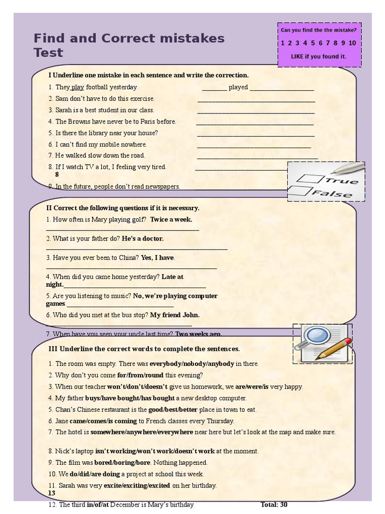 Find and Correct Mistakes Test Grammar Drills Tests | PDF