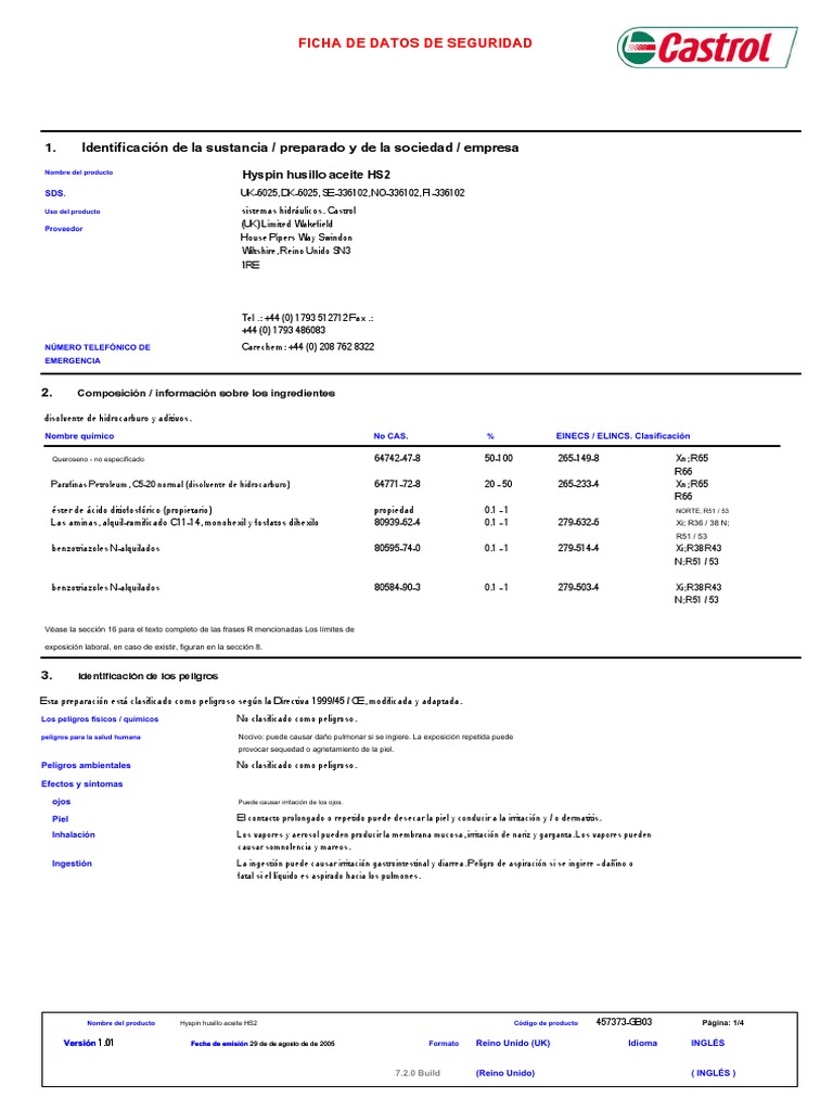 A01 - Msds - Castrol Hidraulico | Descargar gratis PDF | Dióxido de ...