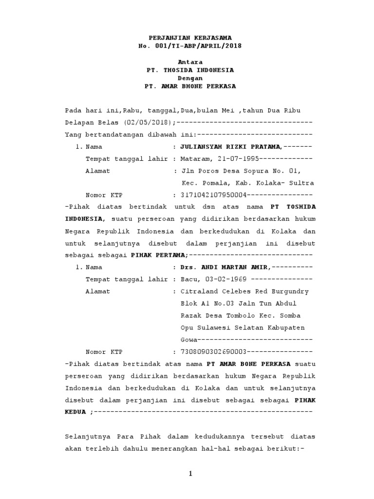 Draft Kontrak PT. ABP-PT. Toshida PDF | PDF