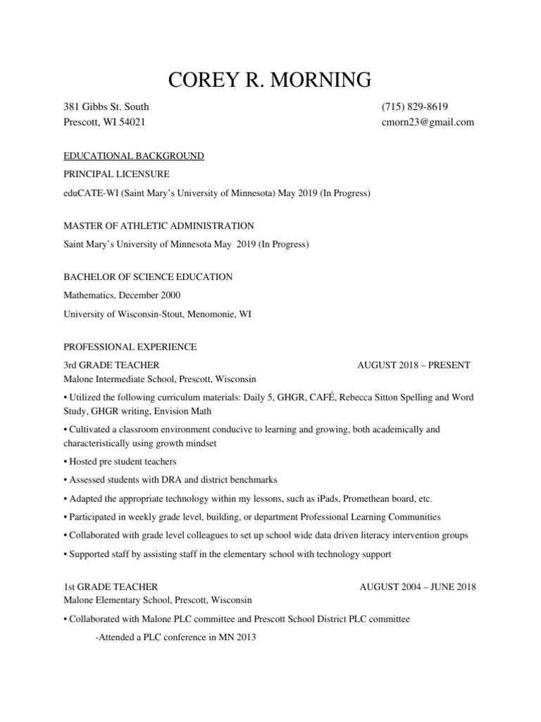 Corey Morning Resume 2019 3 | PDF | Teachers | Curriculum