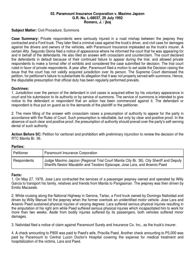 Jurisdiction in Civil Cases: Paramount v. Japzon | PDF | Summons | Lawsuit