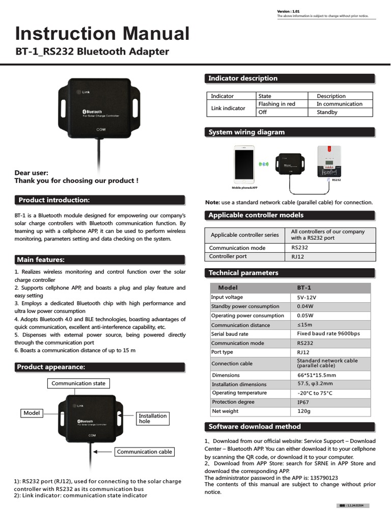 Instruction Manual Bt 1 Rs232 Bluetooth Adapter Pdf Bluetooth