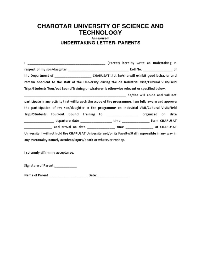 Parent Undertaking Letter for Students | PDF