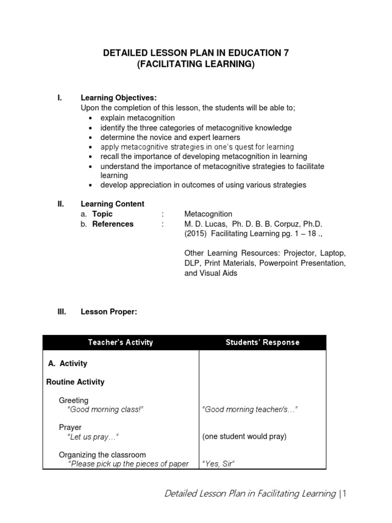Detailed Lesson Plan in Education 7 (Facilitating Learning) | PDF ...