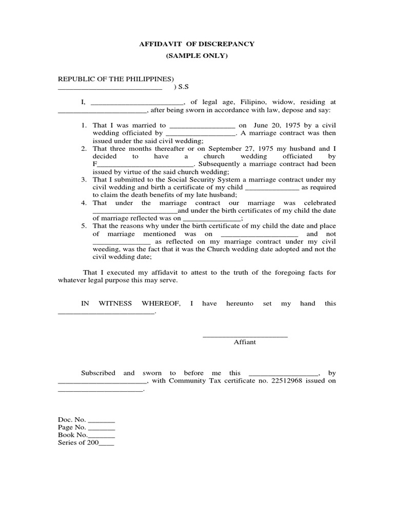 Affidavit of Discrepancy (Sample Only) | PDF
