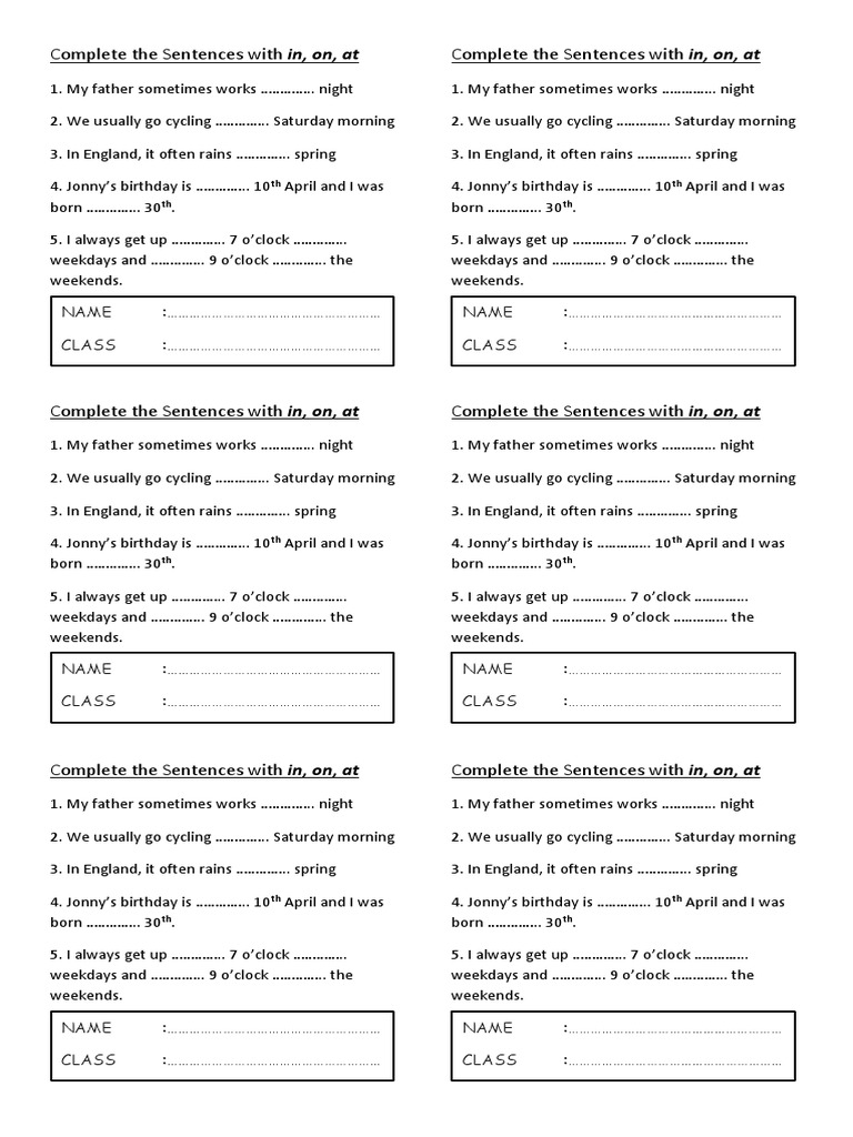Complete The Sentences With In, On, at Complete The Sentences With In ...