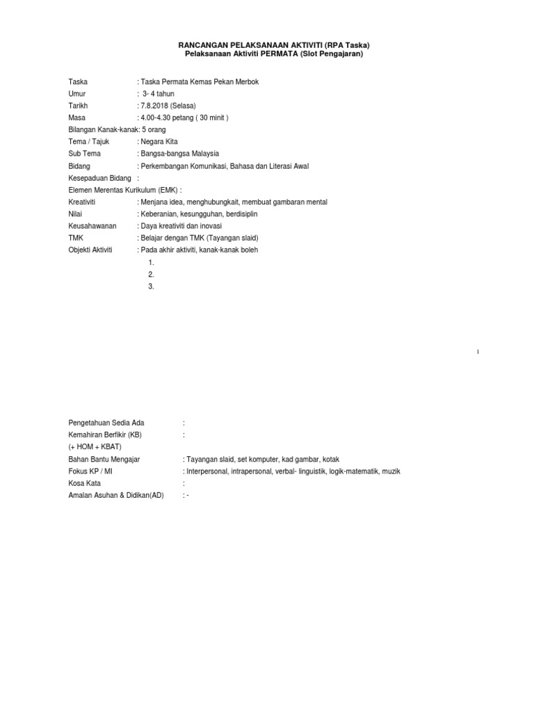 Format Penulisan RPA Taska | PDF