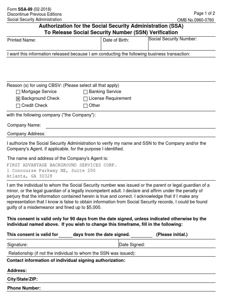 Authorization For The Social Security Administration (SSA) To Release ...
