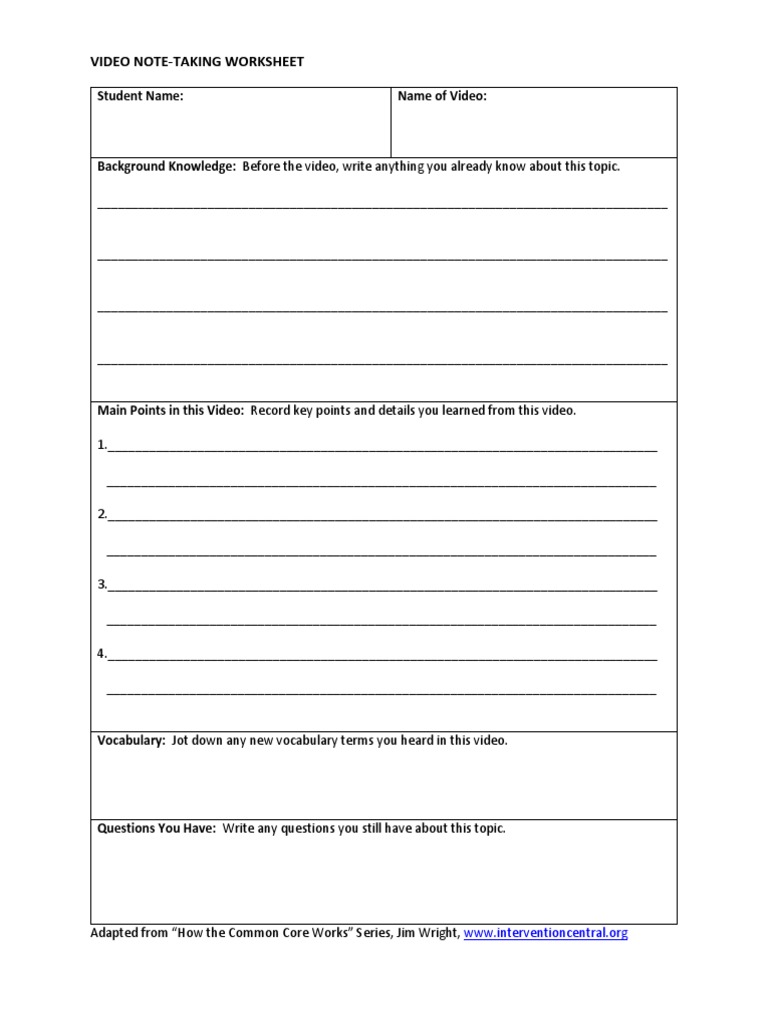 HO - Video Note Taking Worksheet PDF | PDF