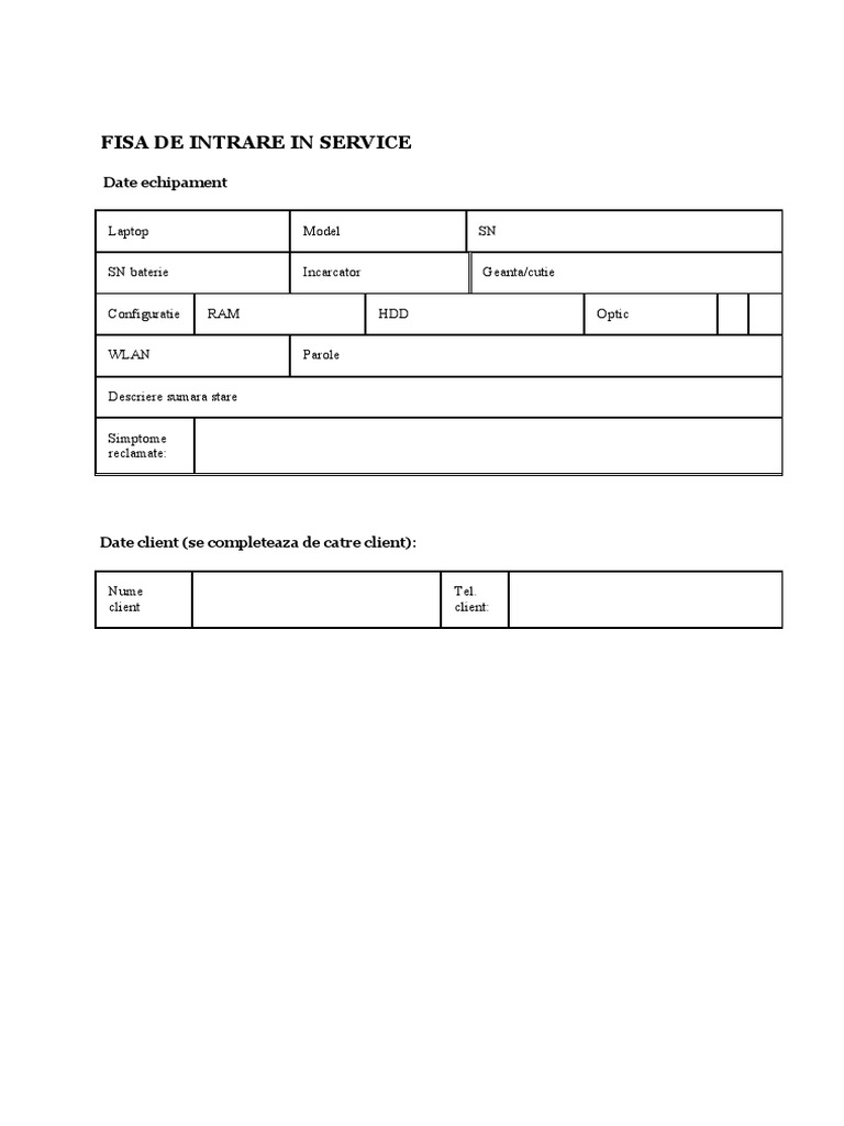 Fisa de Intrare in Service PDF | PDF