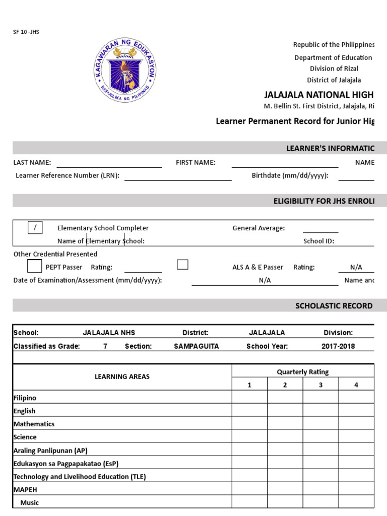 JHS Learner Record | PDF | Physical Education | Behavior Modification
