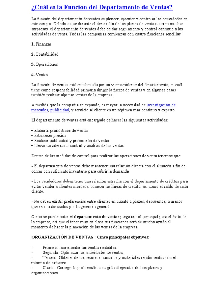 Cuál Es La Funcion Del Departamento de Ventas | PDF