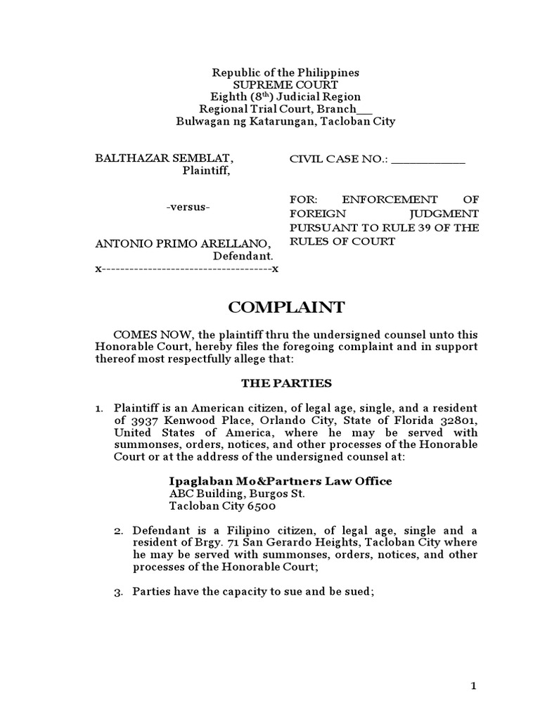 Complaint: The Parties | PDF | Judgment (Law) | Lawsuit