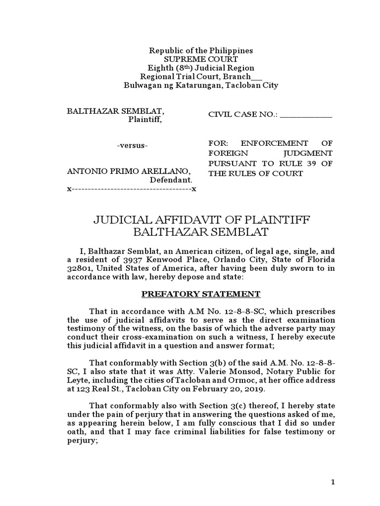 Sample judicial affidavit | Affidavit | Perjury