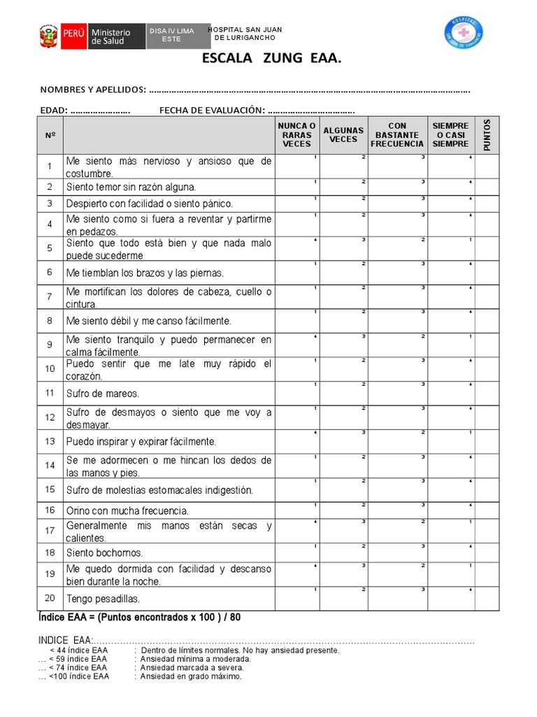 Escala Zung de Ansiedad y Depresión | PDF