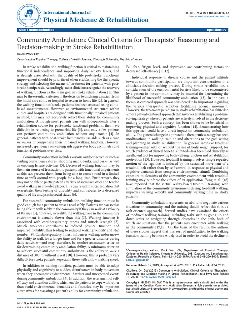 Community Ambulation Clinical Criteria For Therapistsa Reasoning and ...