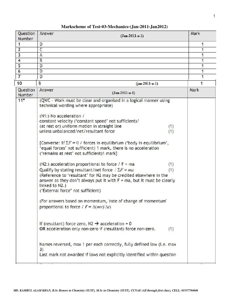 Mechanics Test-03 Markscheme 2011-2012 | PDF