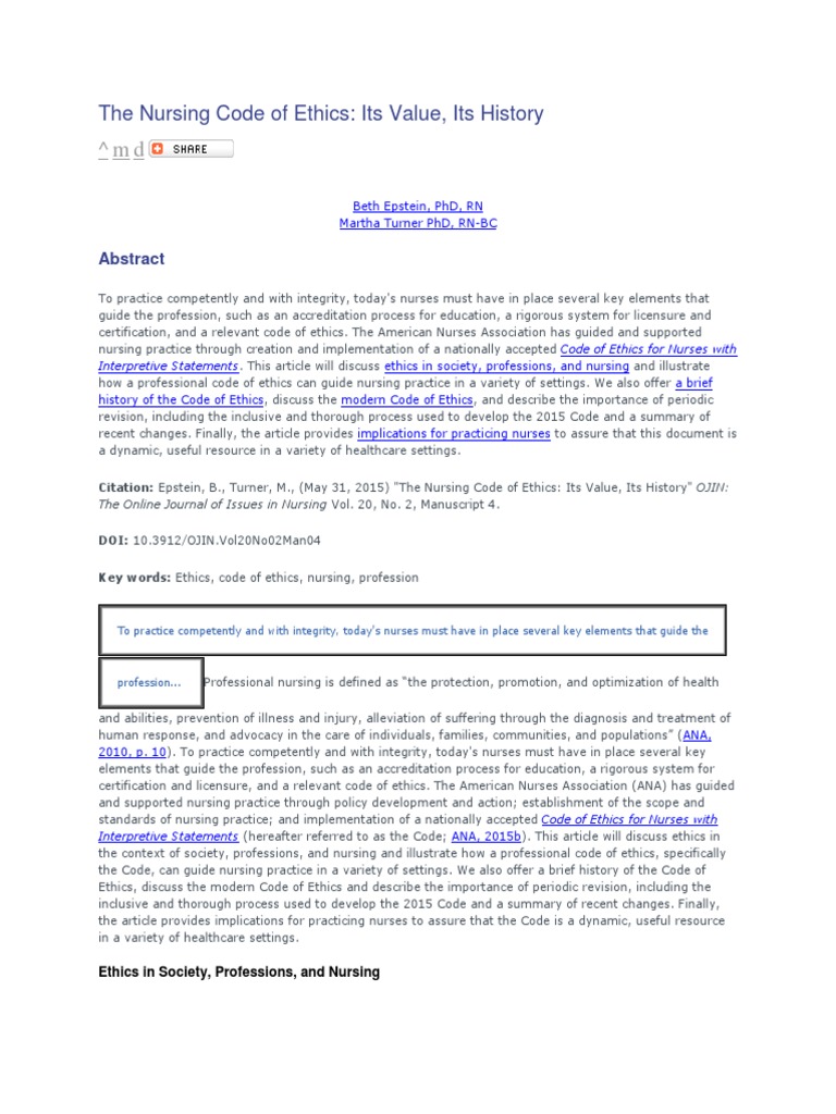 The Nursing Code of Ethics Its Value, Its History | PDF | Nursing ...