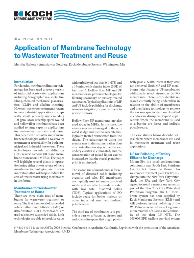Application of Membrane Technology To Waste Water Treatment and Reuse ...
